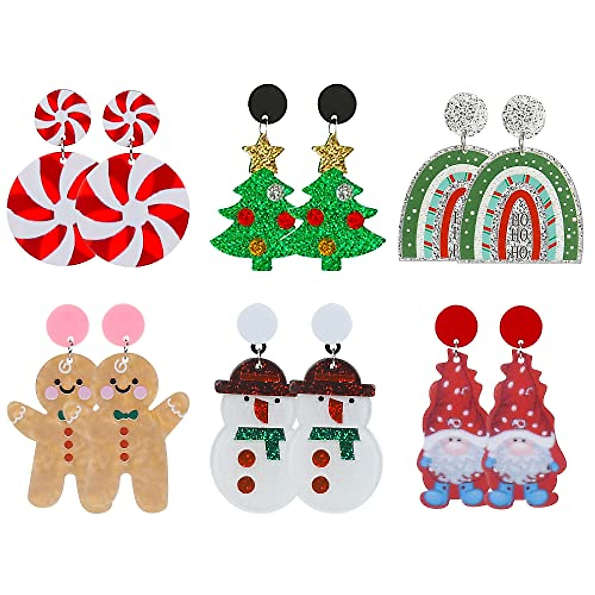 Cooluckday Christmas Earrings for Women Dangling Acrylic Christmas Tree Gnome Gingerbread Man Candy Snowman Earrings Christmas Stud Earrings for Women Christmas Gifts(4/6Pcs)