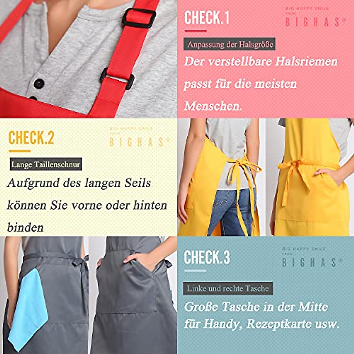 BIGHAS Adjustable Bib Apron with Pocket Extra Long Ties for Women Men, 18 Colors, Chef, Kitchen, Home, Restaurant, Cafe, Cooking, Baking (White)