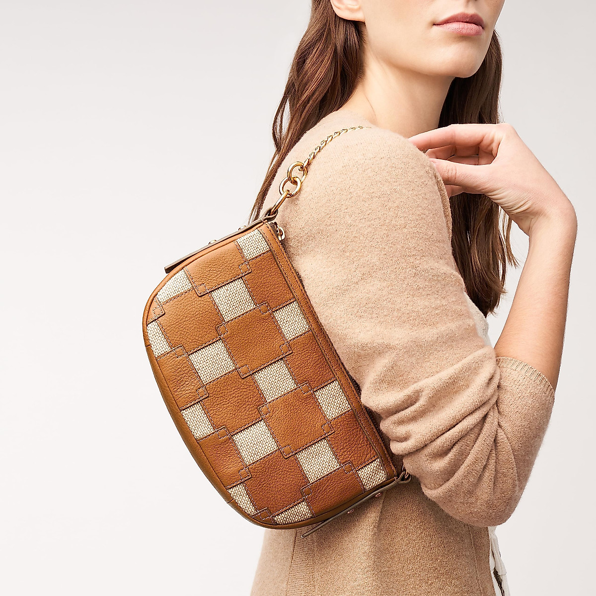 Fossil Women's Jolie Leather & Fabric Small Shoulder Bag Purse Handbag, Natural/Saddle Patchwork w/ Chain (Model: ZB1869194)