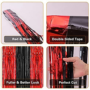 PIGETALE, 2 Pack 3.2x8.2 Feet Black and Red Foil Fringe Curtains Party Decorations, Tinsel Curtain Backdrop Streamers for Birthday Graduation Fiesta Stranger Theme Halloween Christmas Party Supplies
