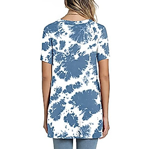 POPYOUNG Women's Summer Casual Short Sleeve Tunic Top for Leggings Crewneck Shirt Loose Blouse XXL, Blue Tie Dye
