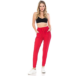 Leggings Depot Womens Relaxed fit Jogger Pants - Track Cuff Sweatpants with Pockets, Red, Small
