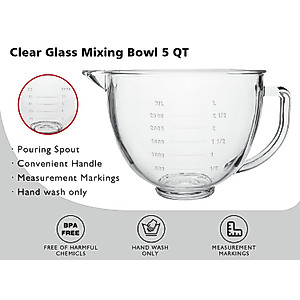 Glass Mixing Bowl 5 QT, Mixing Bowl for KitchenAid 4.5 and 5 Quart Tilt-Head Stand Mixers, Stand Mixer 5 Quart Fits Artisan KSM150, RRK150, KSM100, K45SS, KSM90, KSM95, K45, KSM110, 5KSM125 and More