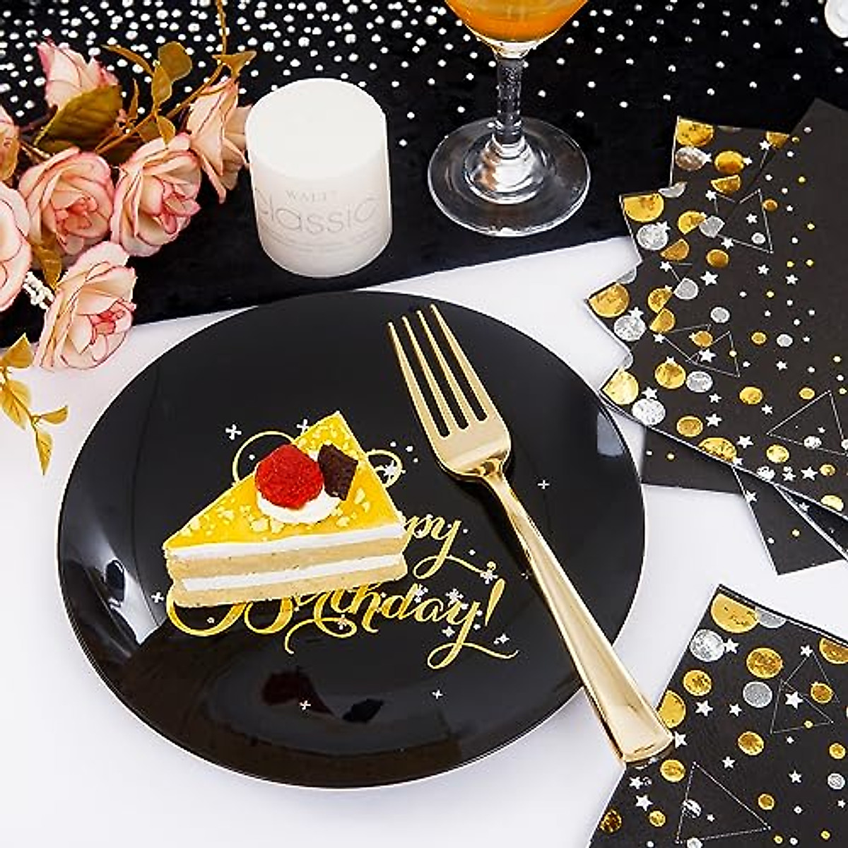 Nervure 175PCS Happy Birthday Plates - Black Plastic Plates with Gold & Silver Dot Include 25 Dinner Plates, 25 Dessert Plates, 75 Plastic Silverware, 25 Cups, 25 Napkins for Birthday & Party