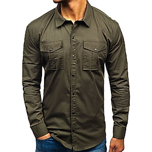 Men's Long Sleeve Hiking Shirts Lightweight Tactical Button Down Cargo Shirt Plain Slim Fit Shirt with Pockets (Armygreen,3X-Large)