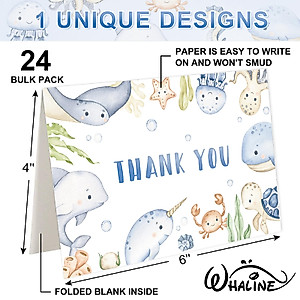 Whaline 24Pcs Under the Sea Thank You Cards Watercolor Marine Animals Theme Greeting Cards with Envelope Stickers Cartoon Blank Note Cards for Birthday Wedding Baby Shower, 4 x 6 Inch