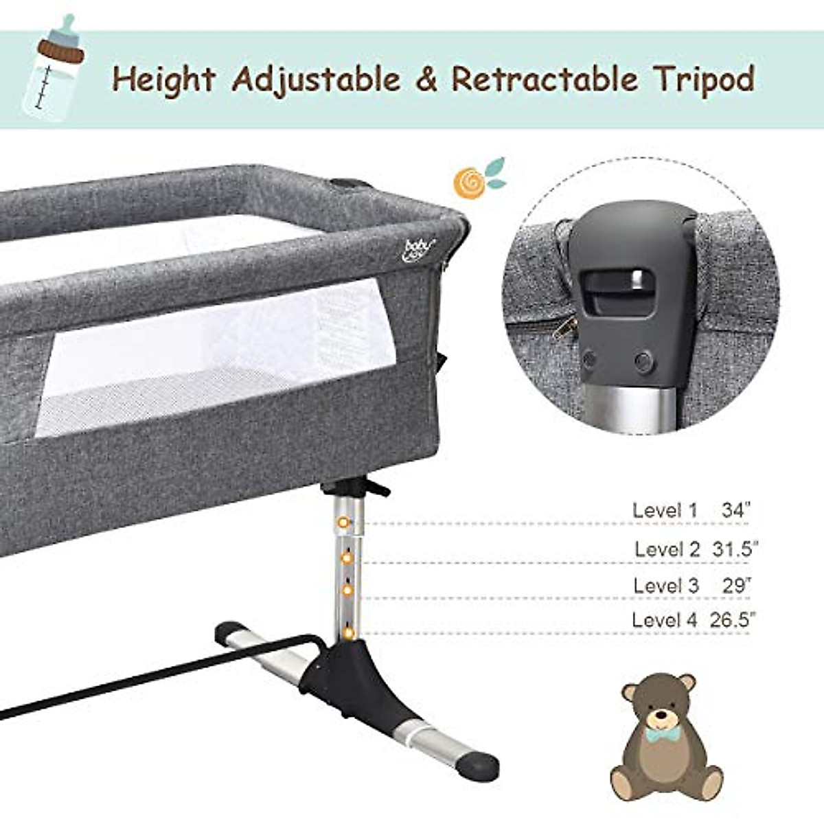BABY JOY Baby Bedside Crib, Portable Travel Sleeper Bed Side Bassinet w/Carrying Bag, Newborn Bassinet to Infant, Kids Crib with Detachable Mattress, Height & Angle Adjustable, Breathable Mesh, Grey