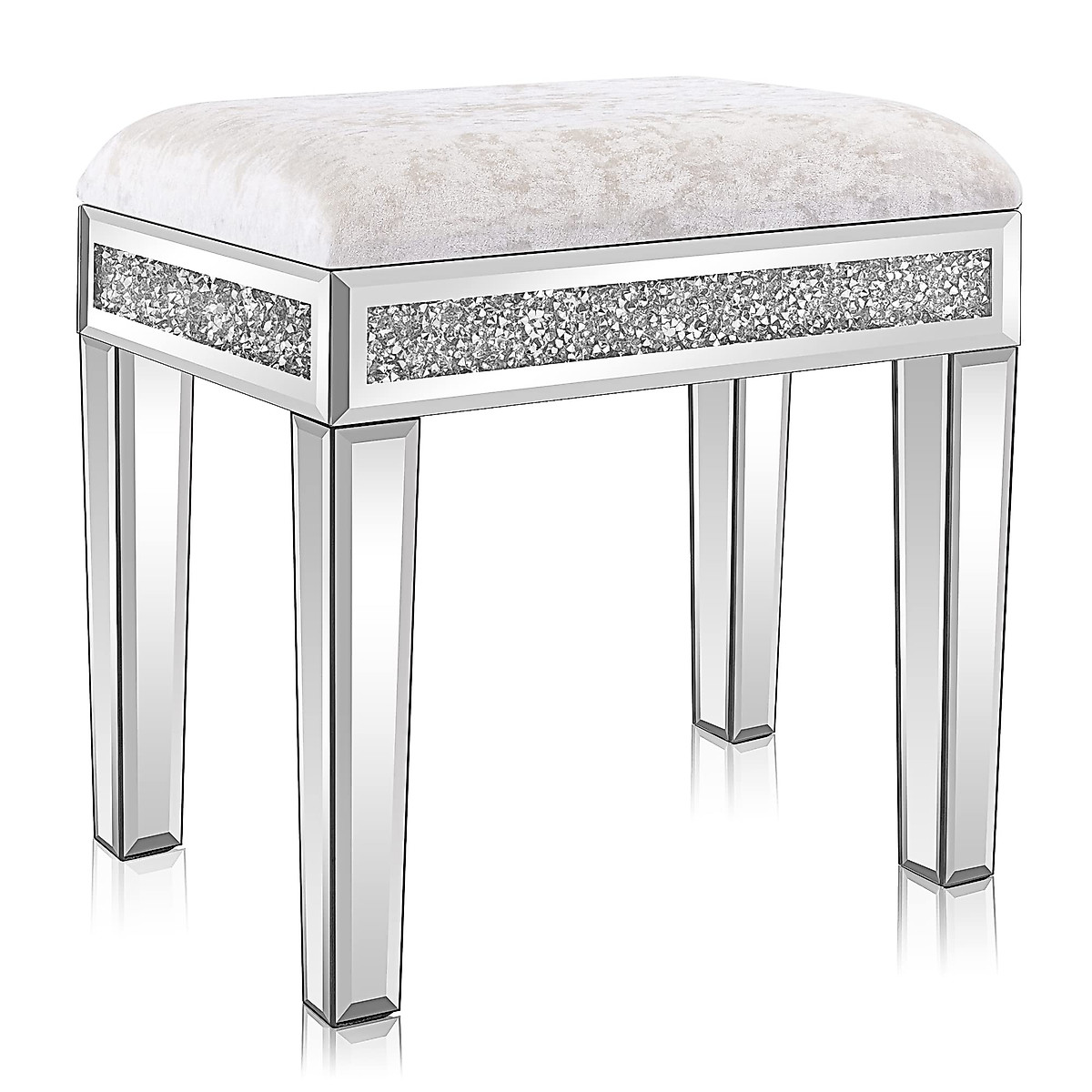 VINGLI Mirrored Vanity Stool with Storage, Upholstered Velvet Ottoman, Makeup Dressing Table Bench with Sparking Diamonds, Silver
