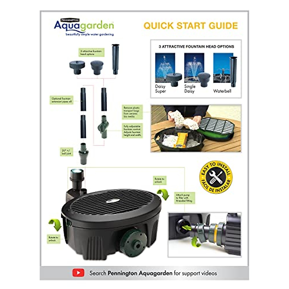 Pennington Aquagarden , Inpond 5 in 1, Pond & Water Pump, Filter, UV Clarifier, LED Spotlight and Fountain , All in One solution for a Clean, Clear and Beautiful pond , For Ponds up to 200 Gallons