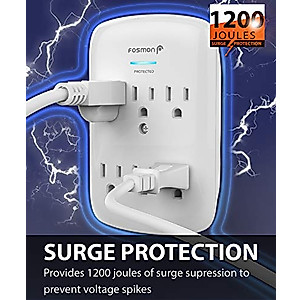 6 Outlet Wall Mount Surge Protector, Fosmon 3-Prong Surge Suppression 1200 Joules, 15A 125VAC 60Hz 1875Watts Wall Outlet Adapter, Grounded LED, ETL Listed - White