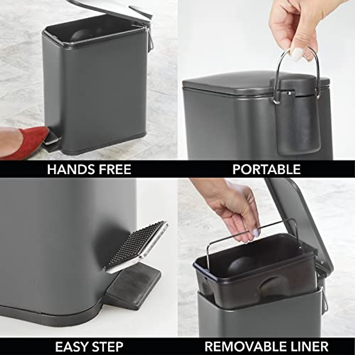 mDesign Slim Metal Rectangle 1.3 Gallon Trash Can with Step Pedal, Easy-Close Lid, Removable Liner - Narrow Wastebasket Garbage Container Bin for Bathroom, Bedroom, Kitchen, Office - Charcoal Gray