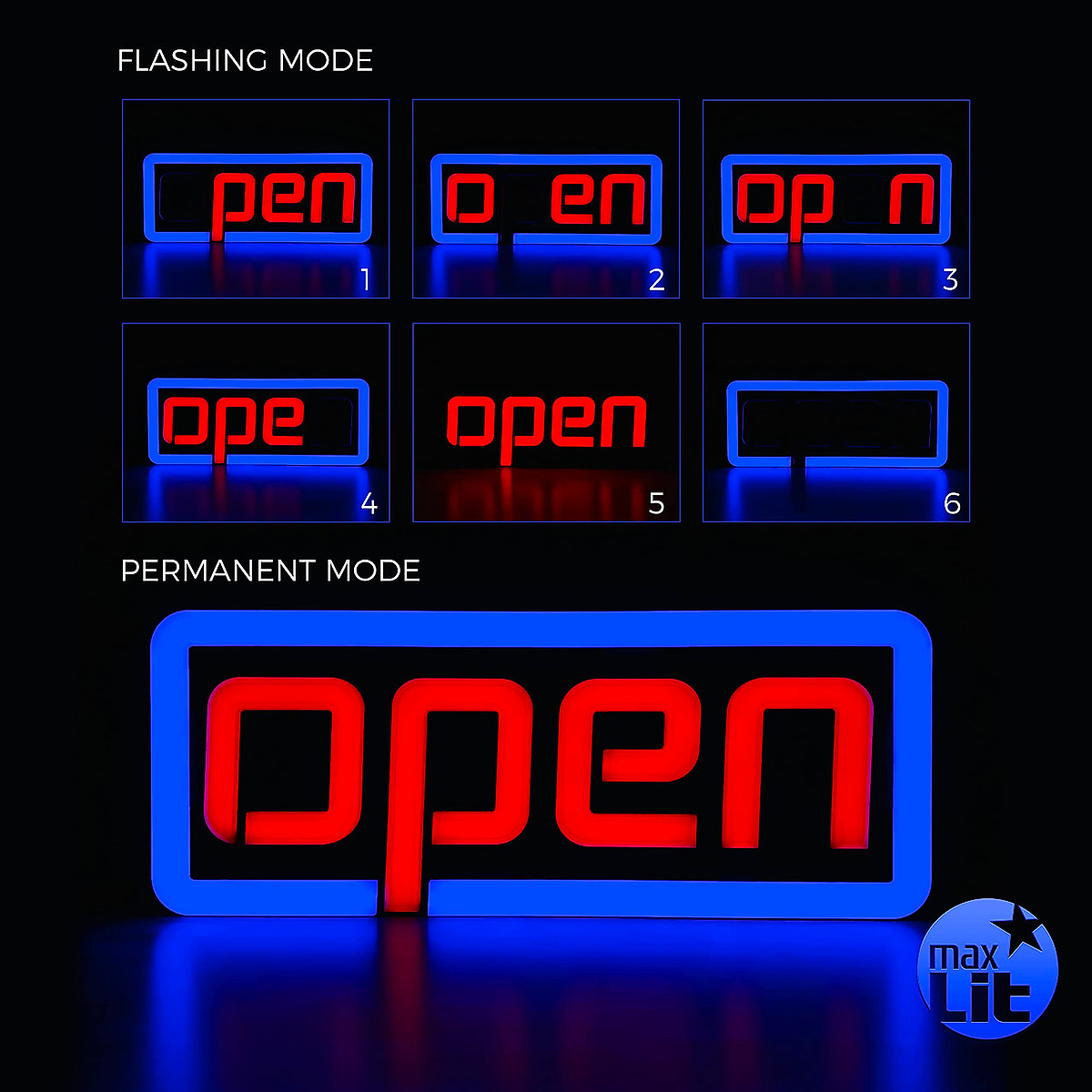 [New 2025] MaxLit Jumbo 30'' x 13'' Ultra Bright LED Neon Open Sign — Remote Controlled — Multiple Light Display Modes — Bright & Vivid Illumination — Boost Your Business Visibility! [Blue/Red]