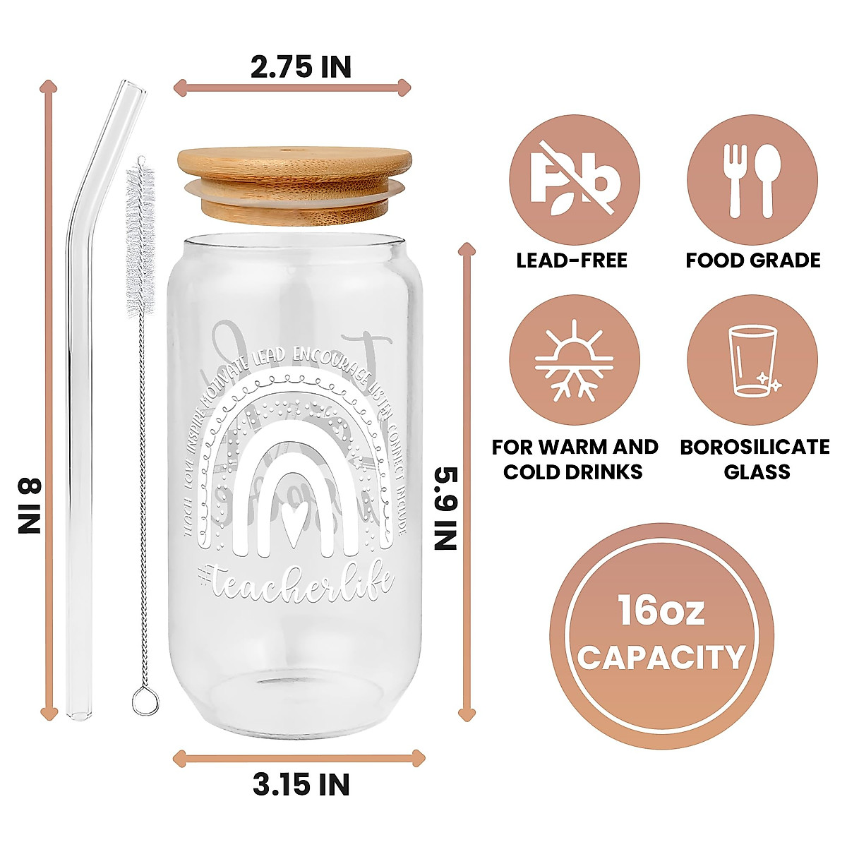 Teacher Appreciation Gifts for Women - Thank You Teacher Gifts, Teacher Gifts for Women - Gifts for Teachers Women - Teacher Valentines Day Gifts, Teacher Valentine Gift - 16 Oz Teacher Can Glass