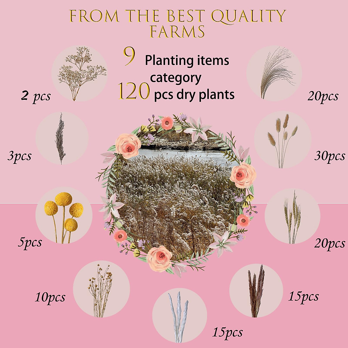 120 Pcs Natural Dried Pampas Grass Bouquet Boho Home Decor Dried Flowers for Fall Decor Bouquet Wedding for Centerpiece Table Decor Rustic Farmhouse Party Decor