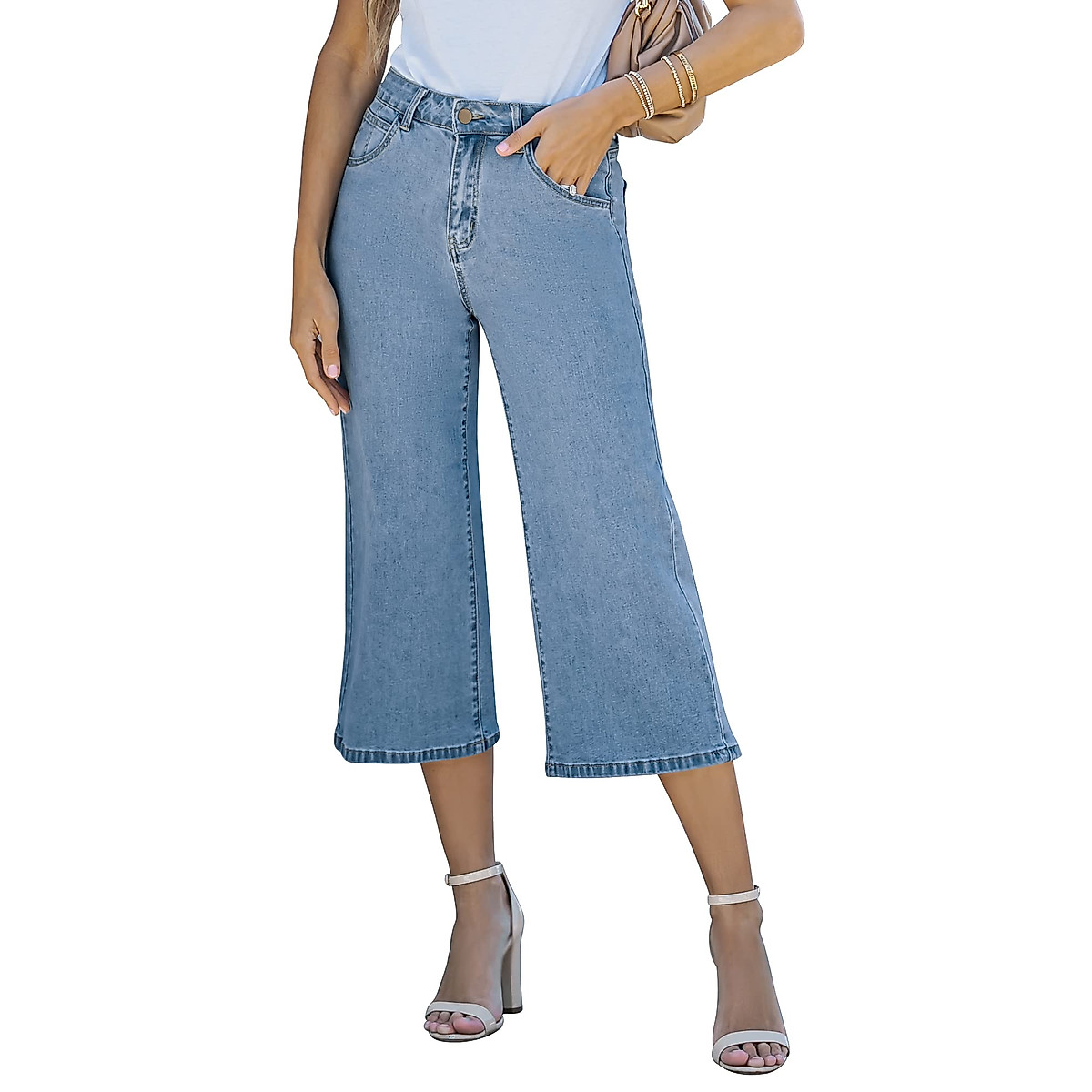 Vetinee Wide Leg Jeans for Women Plus Size Summer Pants Women Denim Jeans Women's Capris with Pockets High Waisted Wide Leg Jeans Roadknight Blue X-Large Size 16 18