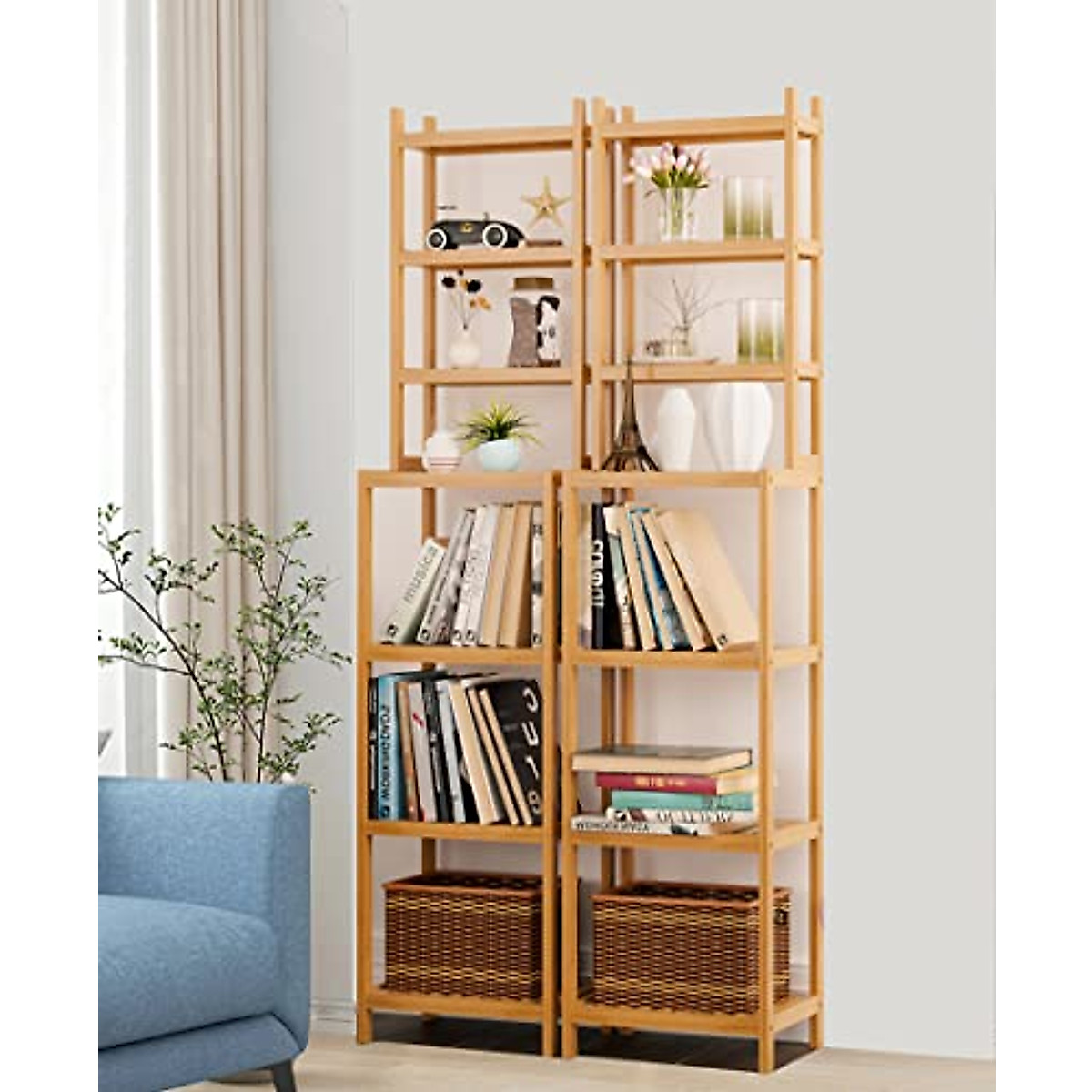 SOMY 7-Tier Bamboo Bathroom Shelf, Free Standing Storage Organizer Rack, Multifunctional Wood Corner Shelf Standing Rack Units for Living Room, Bathroom, Kitchen, Natural, 14L*11W*63H in