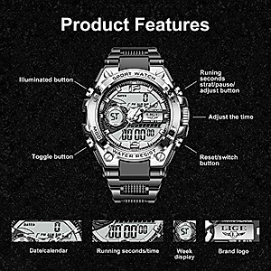 LIGE Digital Outdoor Sports Watches,50M Waterproof Military Luminous Digital Analog Mens Watches and Heavy Duty Electronic with Alarm, Stopwatch Calendar Clock Wristwatch