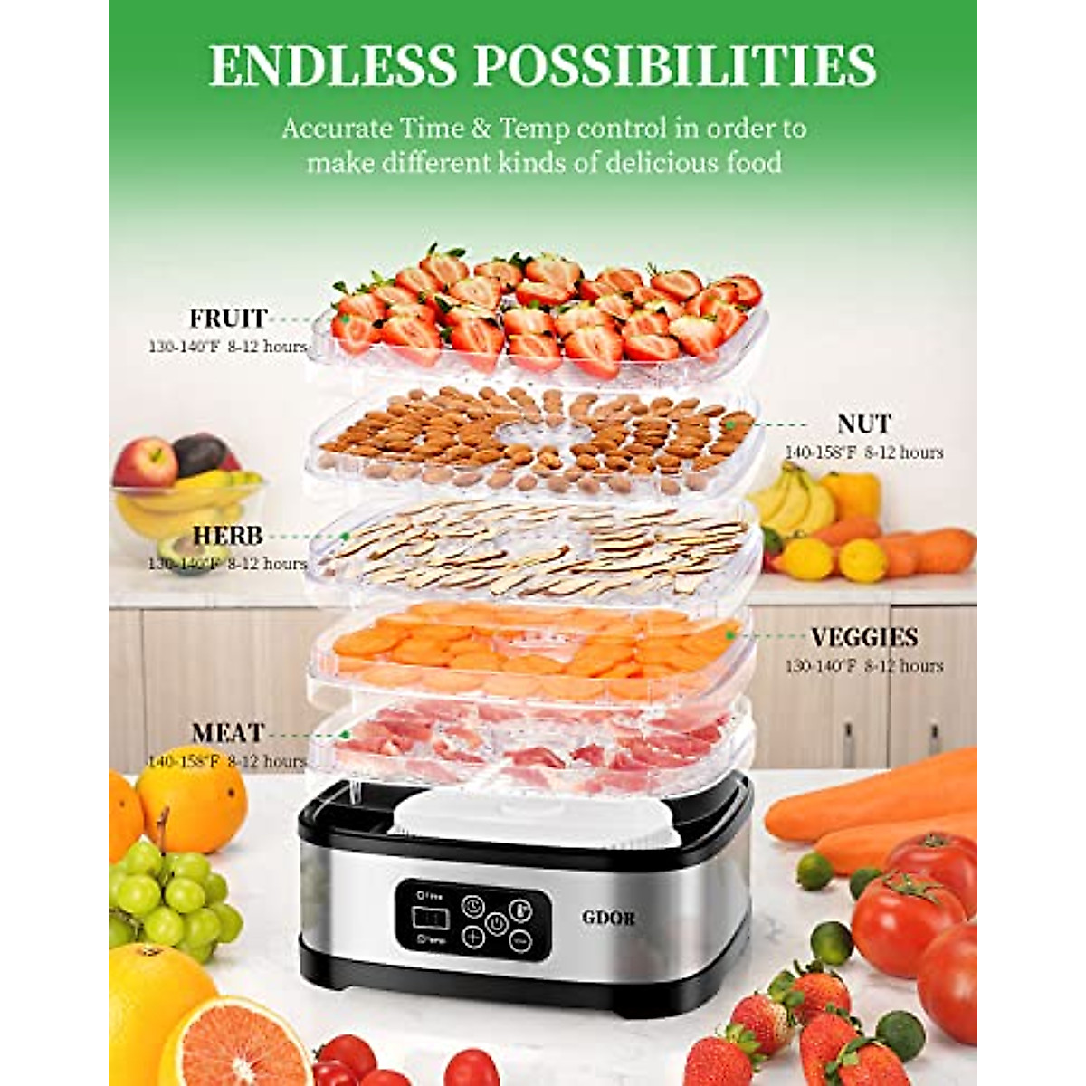GDOR Food Dehydrator Includes Mesh Screen, Fruits Roll Sheet, Recipes, 5 Trays Dehydrator Machine with Temp Control & 72H Timer & LED Display, for Jerky, Fruit, Veggie, Herb, Dog Treat, BPA-Free