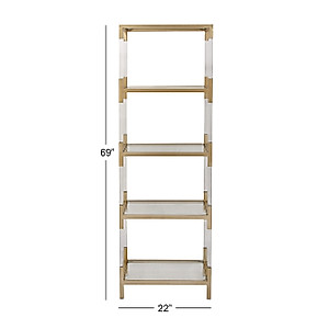 Deco 79 Metal Minimalistic 5 Tier Shelving Unit with Clear Glass Shelves and Acrylic Legs, 22" x 15" x 69", Gold