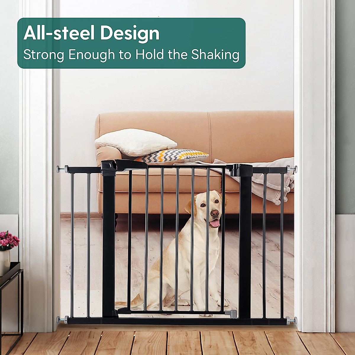 BABELIO 26-43 Inch Easy Install Extra Wide Pressure Mounted Metal Baby Gate, No Drilling, No Tools Required, with Wall Protectors and Extenders (Black)