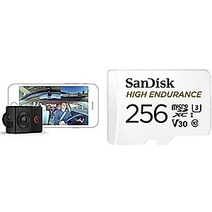 Garmin Dash Cam Tandem, Front and Rear Dual-Lens Dash Camera & SanDisk 256GB High Endurance Video microSDXC Card with Adapter for Dash Cam and Home Monitoring Systems