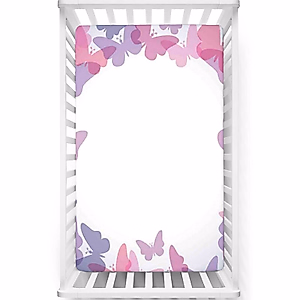Butterfly Themed Fitted Crib Sheet,Standard Crib Mattress Fitted Sheet Toddler Bed Mattress Sheets-Great for Boy or Girl Room or Nursery, 28“ x52“,Pink Purple Gray