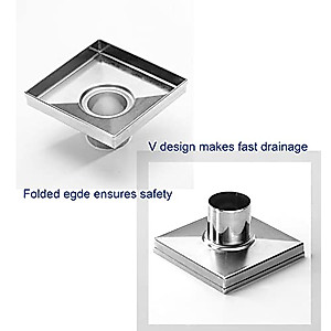 6 inch Square Shower Drain, Square Hole Pattern Shower Drain, Brushed 304 Stainless Steel Linear Drain with Leveling feet & Hair Strainer