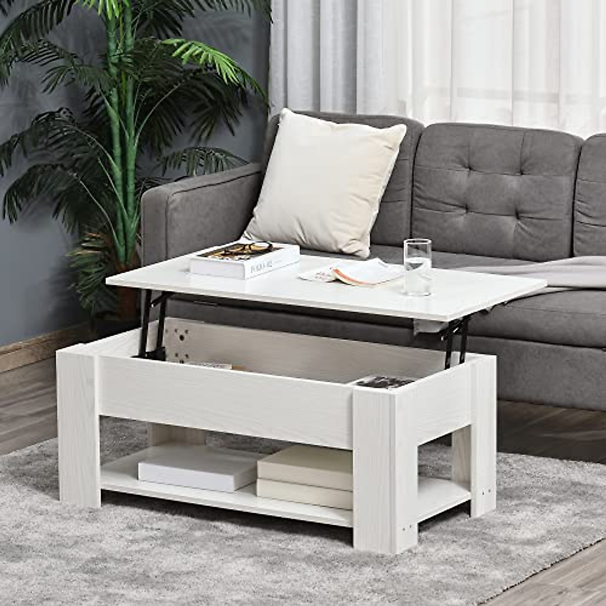 HOMCOM 39" Lift Top Coffee Table with Hidden Storage Compartment and Open Shelf, Pop Up Coffee Table for Living Room, White