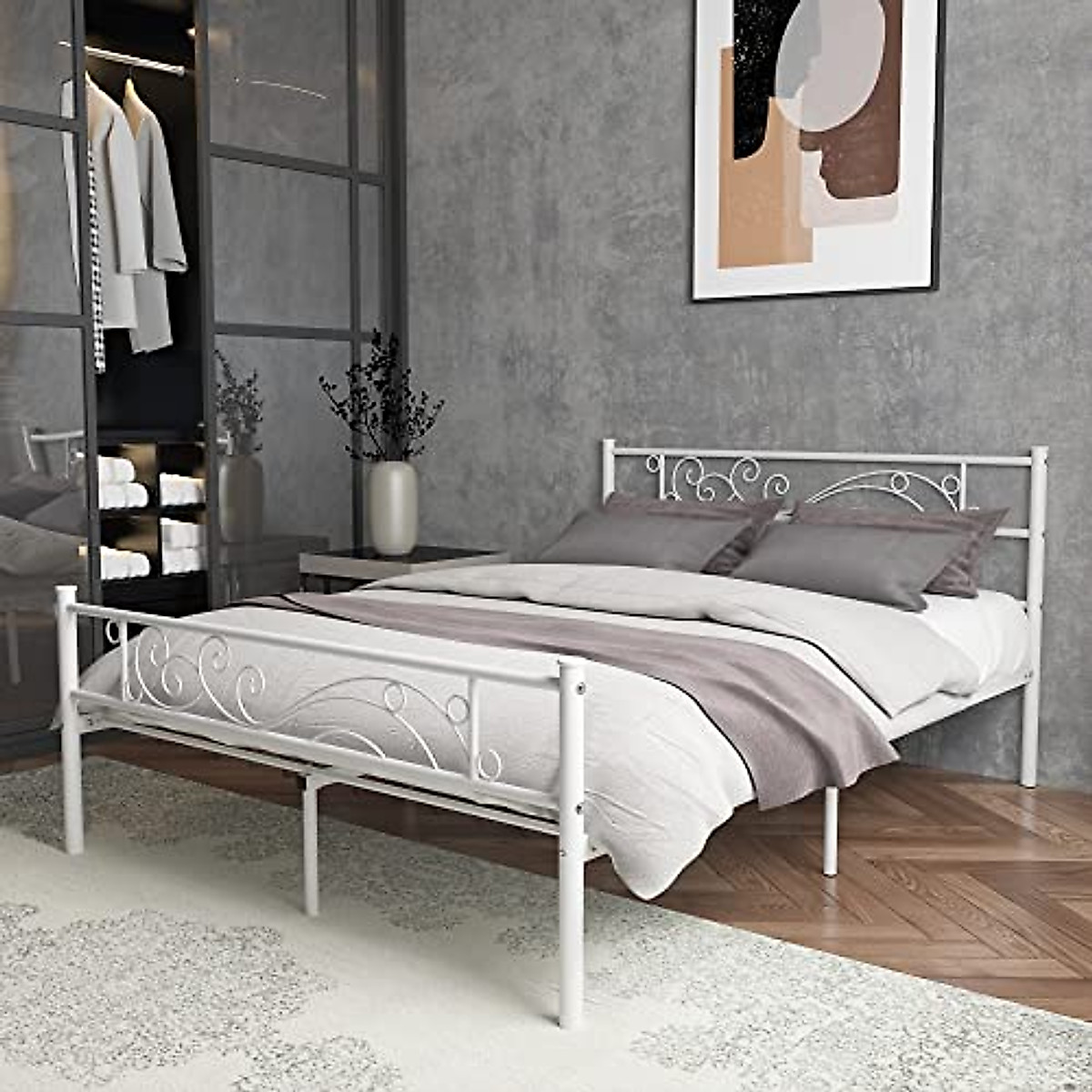 Weehom Full Size Bed Frame with Headboard Under Storage Metal Platform Bed Steel Slat Support, White