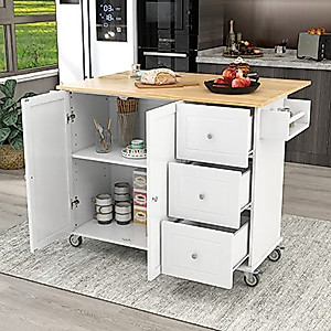 Kitchen Island Carts on Wheels, Rolling Storage Cabinet Trolley 52.7" Foldable Drop-Leaf Breakfast Bar Spice Rack, Towel Rack & Drawer, Solid Wood Top Buffet Server Sideboard(White-B)