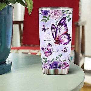 WONWIX Personalized Purple Butterfly Coffee Mugs For Girls Mom Women Adults Butterflies Lovers Water Bottle Travel Mug Mothers Day Birthday Christmas Valentine 20oz Stainless Steel Cup With Lid