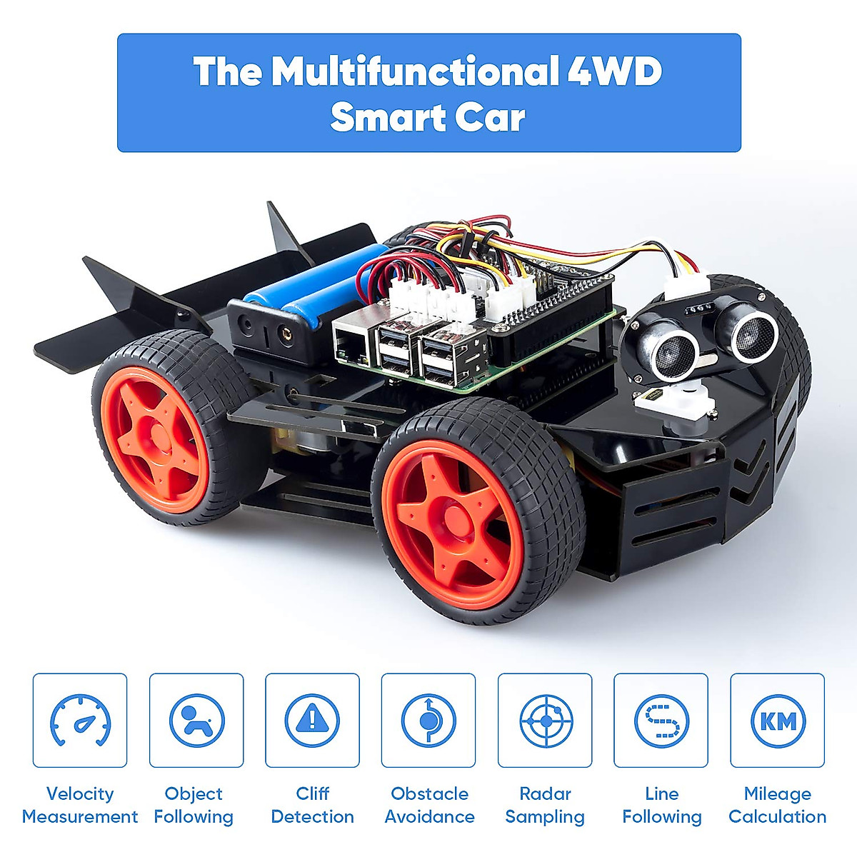 SunFounder Robot Car Kit for Raspberry Pi, 4WD HAT Module, Ultrasonic Sensor, Velocity Measurement Module etc. Electronic DIY Robot Kit for Teens and Adults, Raspberry Pi/TF Card/Battery not Included