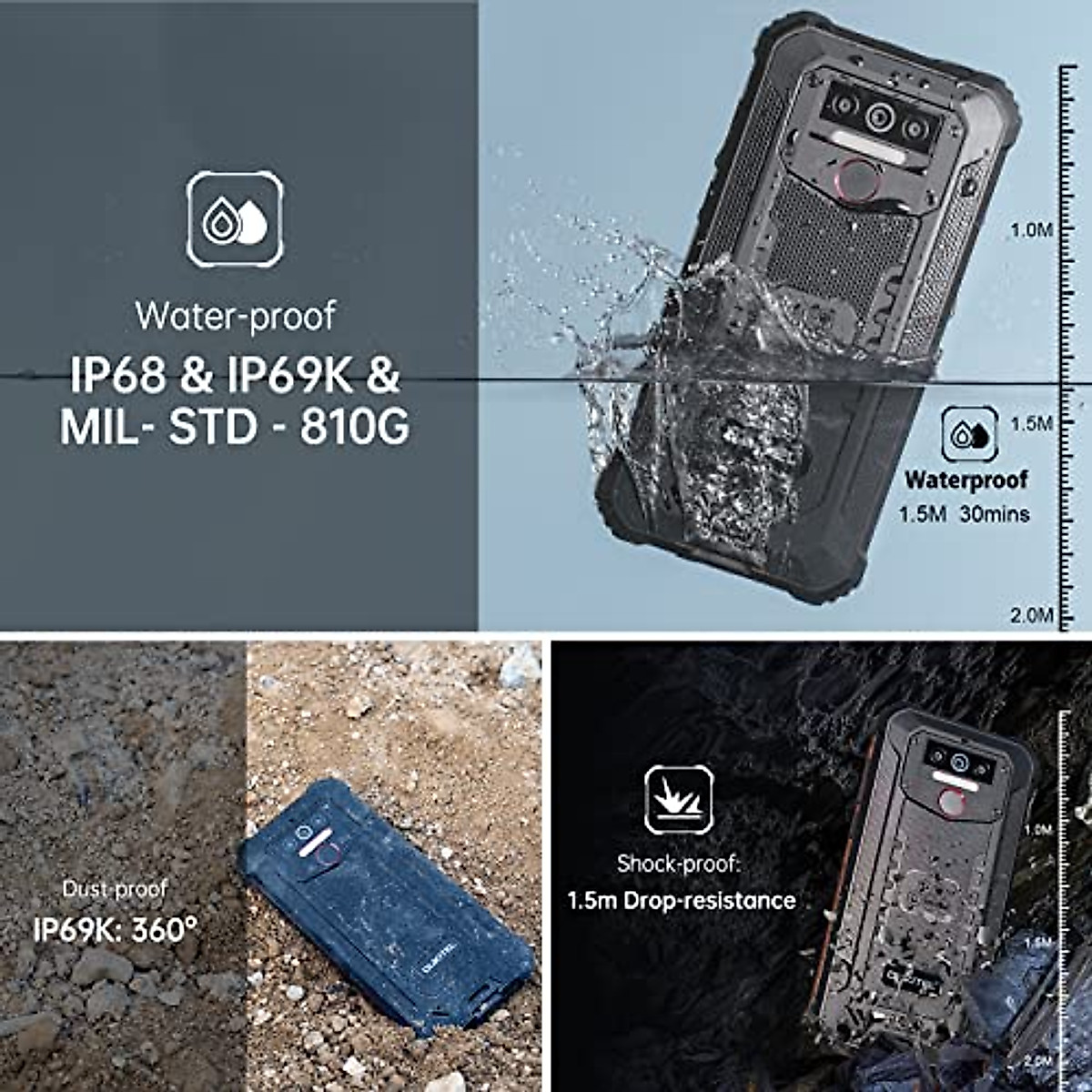 OUKITEL Rugged Cell Phone WP5 Pro, Unlocked Smartphone 4GB+64GB 5.5''HD+ Screen, 8000mAh Battery IP68 Waterproof Rugged Smartphone, 4G LTE Dual-SIM Android 10 System, 13MP Triple Camera Face ID