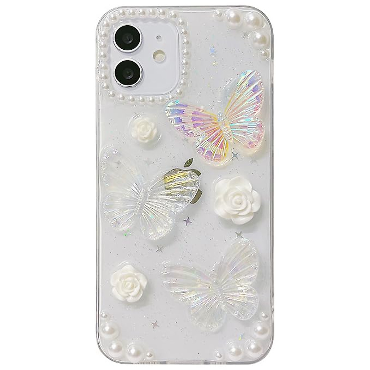 LOLAGIGI for iPhone 13 Pro Max Case Cute Butterfly Flower Pearl 3D Twinkle Glitter Spark Luxury Girly Aesthetic Personalized Design for Women Girls Transparent Epoxy TPU Case, 6.7", Clear