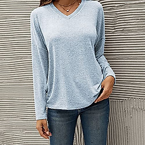 Satoys Tops for Women Fall V Neck Loose Fit Sweatshirts Solid Color Soft Lightweight Blouse Summer Casual Cute Long Sleeve Breathable Pullover Autumn Tee Shirts Light Blue S 2022 New
