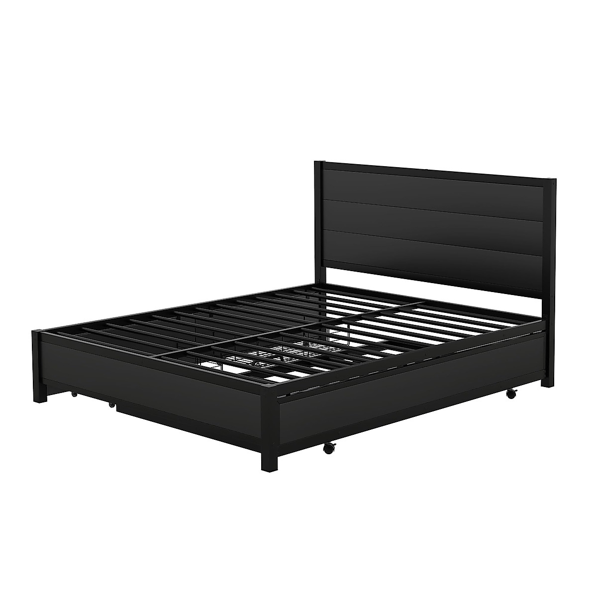 VilroCaz Queen Size Heavy Duty Metal Platform Bed with Twin Size Trundle and 2 Drawers, Mattress Foundation Platform Bed Frame with Headboard and Solid Slats Support for Bedroom Guest Rooms