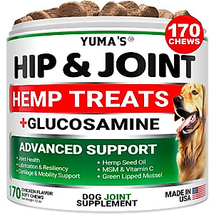 YUMA'S Hemp Hip and Joint Supplement for Dogs - Glucosamine for Dogs - 170 Dog Joint Pain Relief Chews - Chondroitin, MSM - Hemp Oil - Advanced Dog Joint Supplement Health - Mobility Support Treats