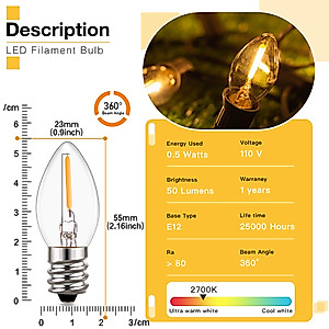 C7 LED Bulbs,0.5 Watts LED Filament Night Light Bulb Edison Style LED Sign Light E12 Candelabra Base Lamp Clear Glass 4W 5W 6W 7 Watts Equal Candle Bulbs Warm White 2700K for String Lights Pack of 6