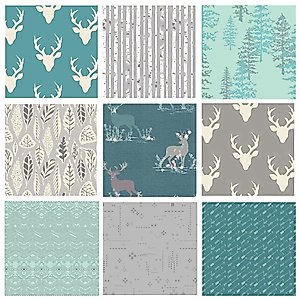 Teal and Gray Woodland Deer Fabric Bundle | Boys Quilt Fabrics | Hunting Fabrics | Buck Head Fabrics for Quilting | Deer Fat Quarters | Art Gallery Fabrics (Fat Quarters)