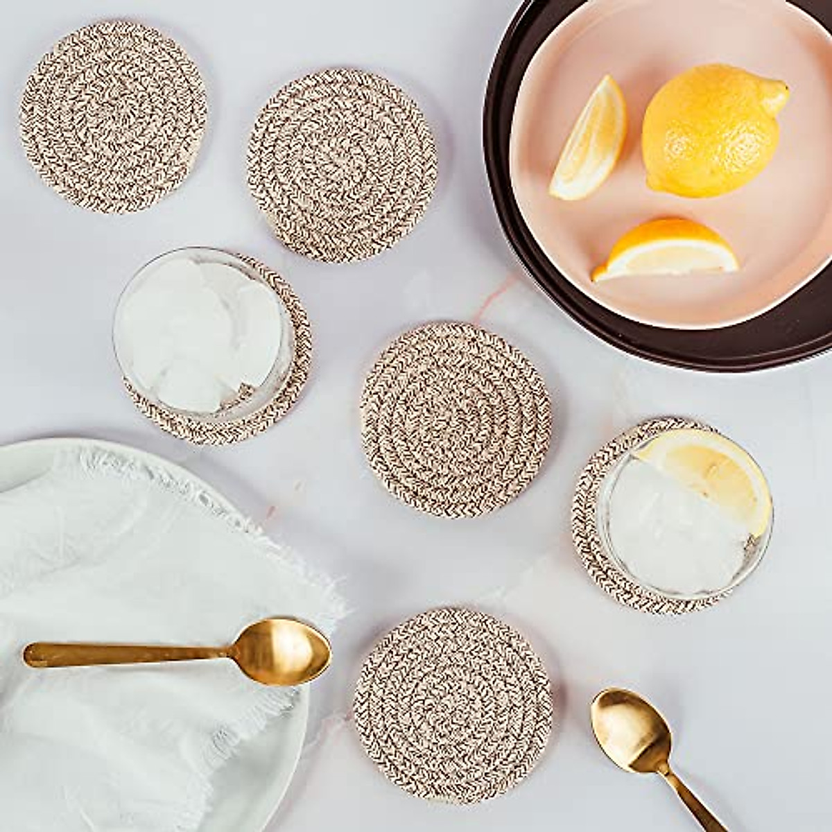 OrganiHaus Set of 6 Brown Cute Coasters for Drinks | Absorbent Coasters | Farmhouse Coasters for Coffee Table | Desk Cup Coasters | Rustic Aesthetic Boho Coasters | Moisture Absorbing Woven Coasters