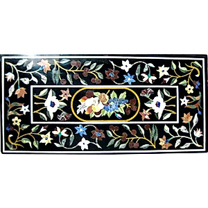 48" x 24" Inch Natural Black Marble Dining Table Pietra Dura Floral Marquetry Patio Table, Outdoor Furniture Table, Italian Style Table