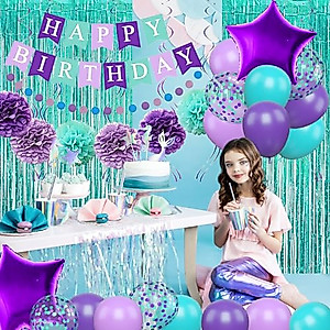 Mermaid Birthday Decorations Purple Teal Blue Party Balloons Happy Birthday Banner Dots Garland Purple Turquoise Green Fringe Curtain Pompom Swirls for Girl Women Birthday Baby Shower Party Decoration