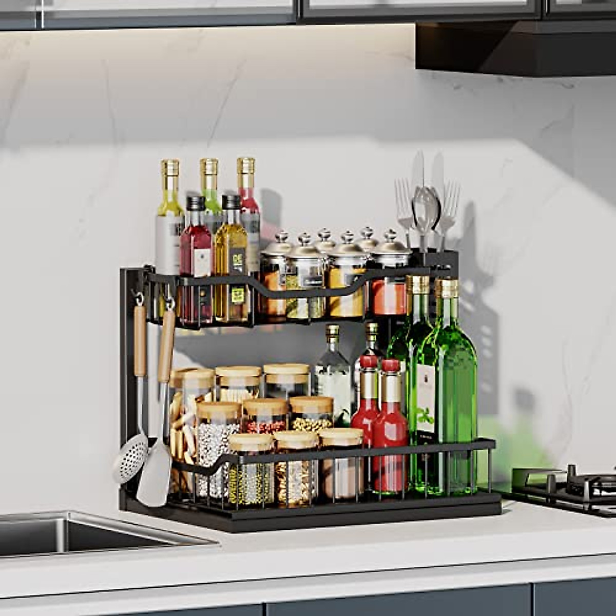 XILIDIA Under Sink Organizer, 2-Tier Metal Under Sink Organizers and Storage for Kitchen Bathroom Cabinet,2 Tier Spice Rack,Rustproof Pull Out Cabinet Organizer for Storage