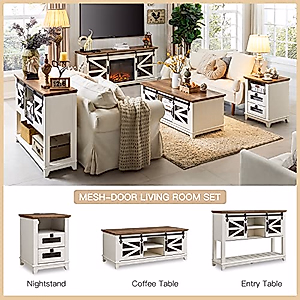 OKD 48'' Coffee Table with Storage & Sliding Barn Doors, Farmhouse & Industrial Cocktail Table w/Adjustable Shelves, Modern Rectangular Rustic Living Room Table for Meeting Room, Antique White