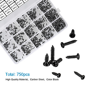 HanTof 750pcs Black Tiny Screws for Electronics, M1, M1.2, M1.4, M1.5, M1.7 Very Small Phillips Pan Head Self Tapping Screws, Micro Wood Screws, Mini Electronic Screws Assortment Kit-Carbon Steel