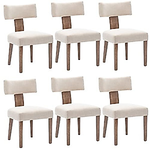 HNY Mid Century Modern Dining Chairs Set of 6, Farmhouse Linen Fabric Upholstered Accent Chairs Curved Backrest Kitchen Chairs, with Hardwood Frame, Beige, Linen-beige