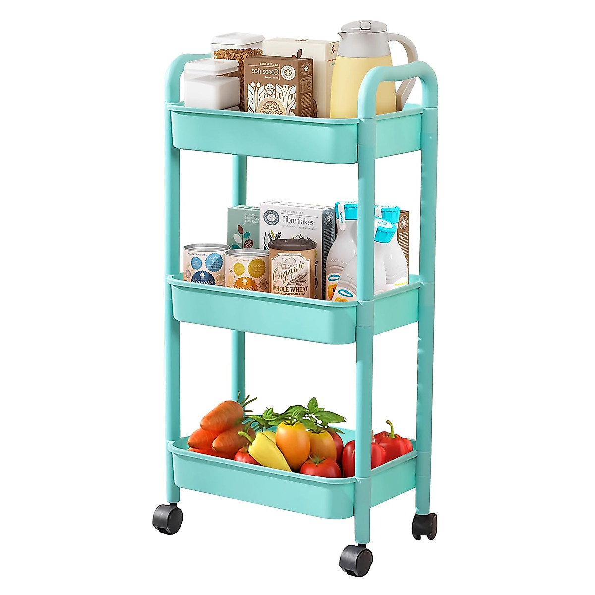 3 Tier Utility Rolling Cart with Handle, Multifunctional Storage Organizer Rolling Carts with Wheels for Bathroom Office Living Room (Green)