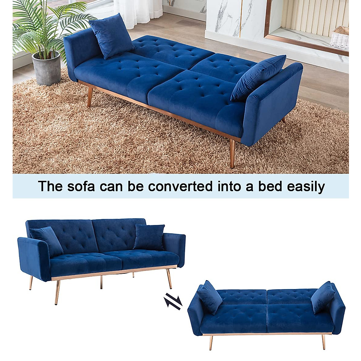 SLEERWAY Velvet Futon Sofa Bed with 5 Golden Metal Legs, Sleeper Sofa Couch with Two Pillows, Convertible Loveseat for Living Room and Bedroom, Blue