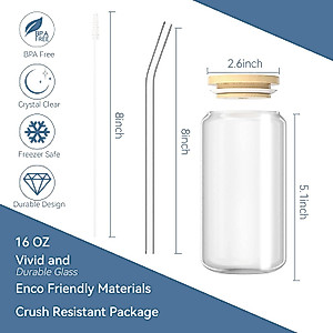 12pcs Glass Cups with Bamboo Lids and Glass Straws Set-16oz Can Shaped Drinking Glasses, Beer Glasses, Iced Coffee Glasses, Cute Tumbler Cup, Ideal for Whiskey,Cocktail,Wine,Gift-2 Cleaning Brushes