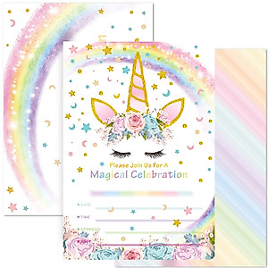 AMZTM Magical Unicorn Party Invitations with Envelopes for Kids Birthday Baby Shower Unicorn Party Supplies 20 Pieces of Fill-in Blank Invitation Card Kit